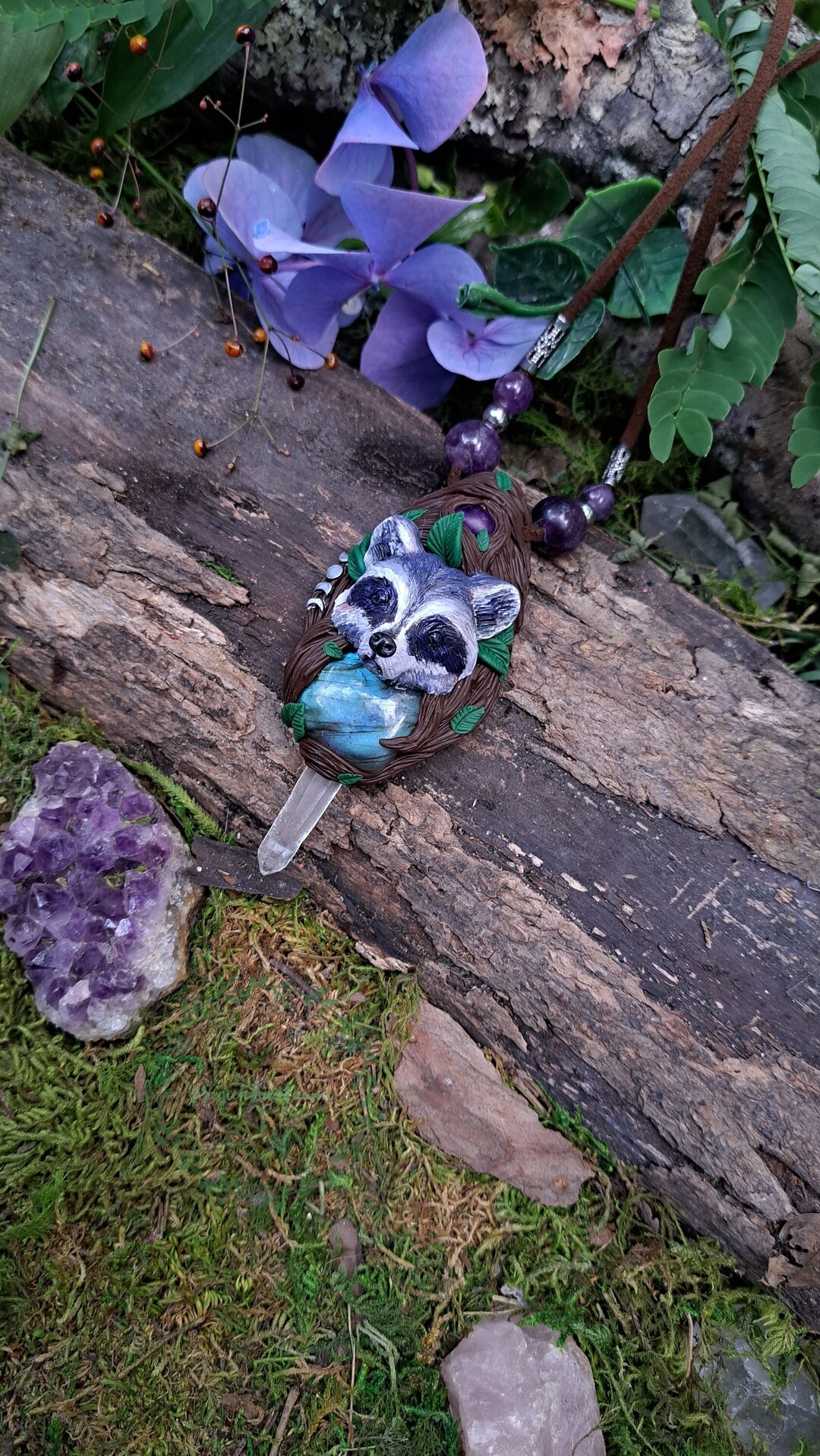 Moonphase Raccoon Crystal Necklace Handmade Raccoon Pendant - Etsy