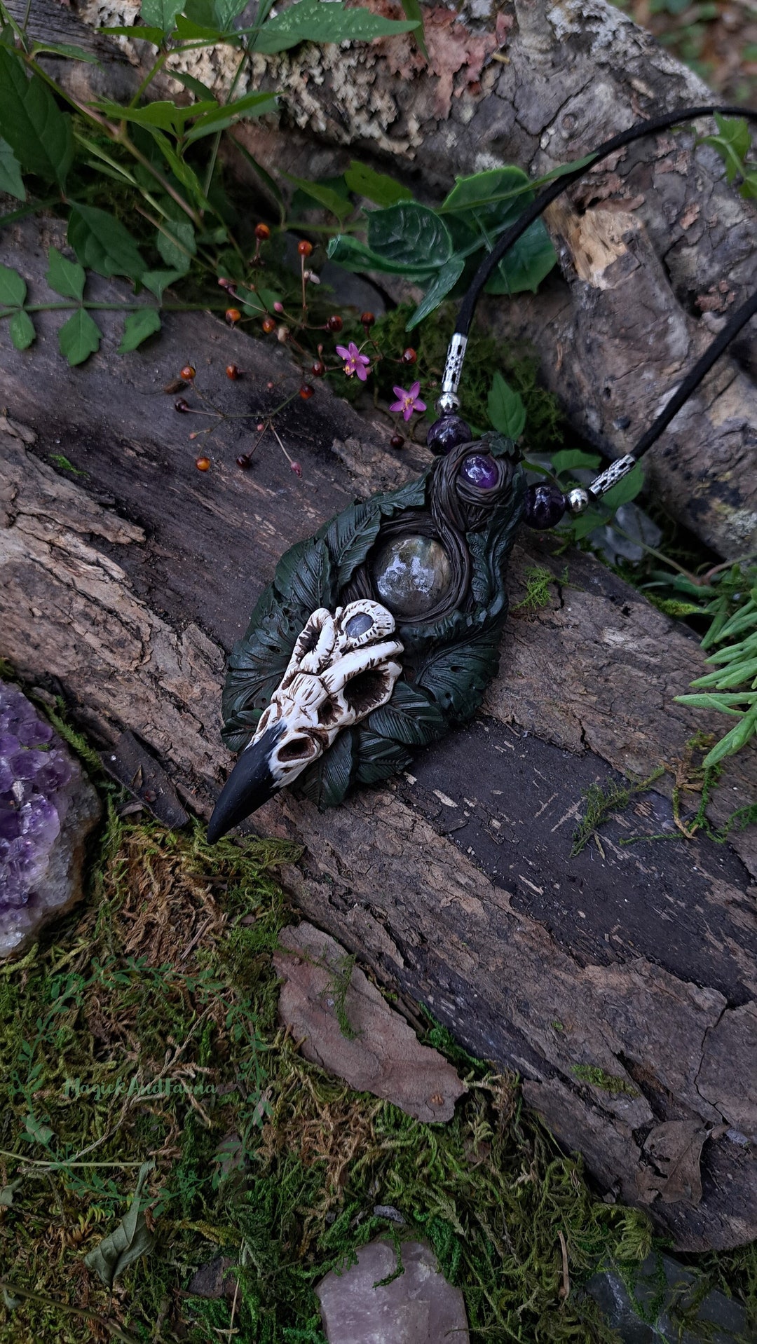 Earthy Raven Skull Crystal Necklace Witchy Dark Forest Fantasy Amethyst ...