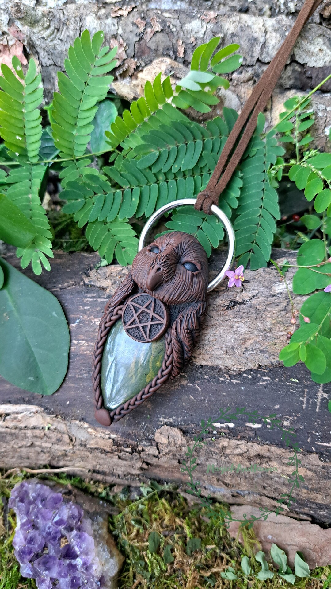 Handmade Earthy Clay Pentacle Owl Spirit Totem Necklace Bloodstone ...