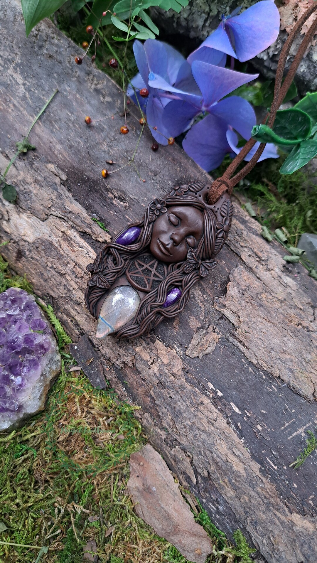 Handcrafted Earthy Clay Pentacle Goddess Pendant | Labradorite Charoite ...