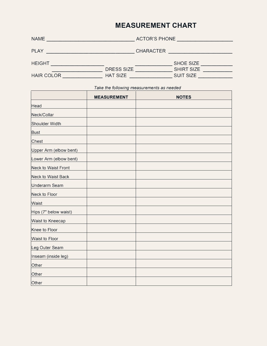 Costume Measurements File/worksheets - Etsy