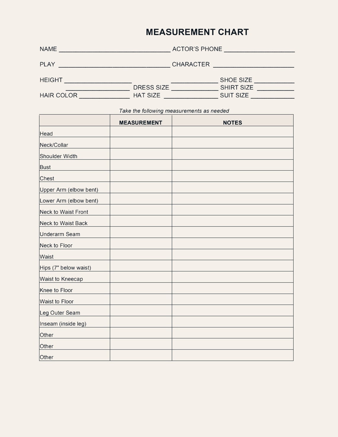 Costume Measurements File/worksheets - Etsy