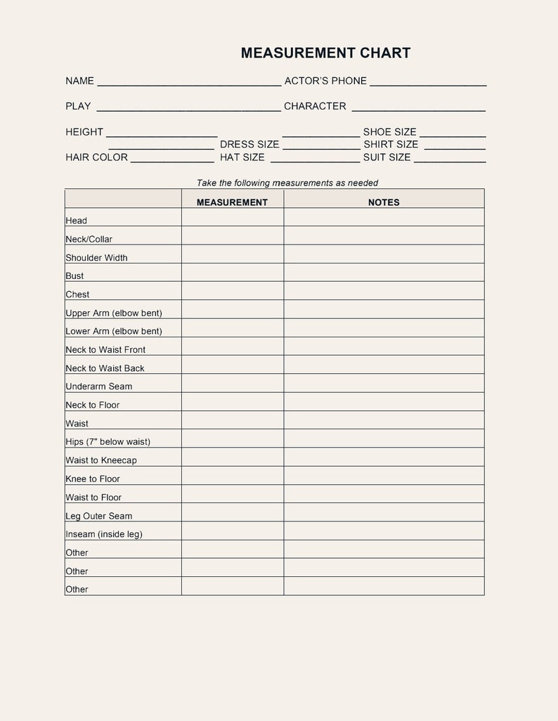 Costume Measurements File/worksheets - Etsy