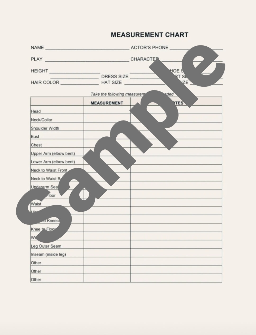 Costume Measurements File/worksheets - Etsy