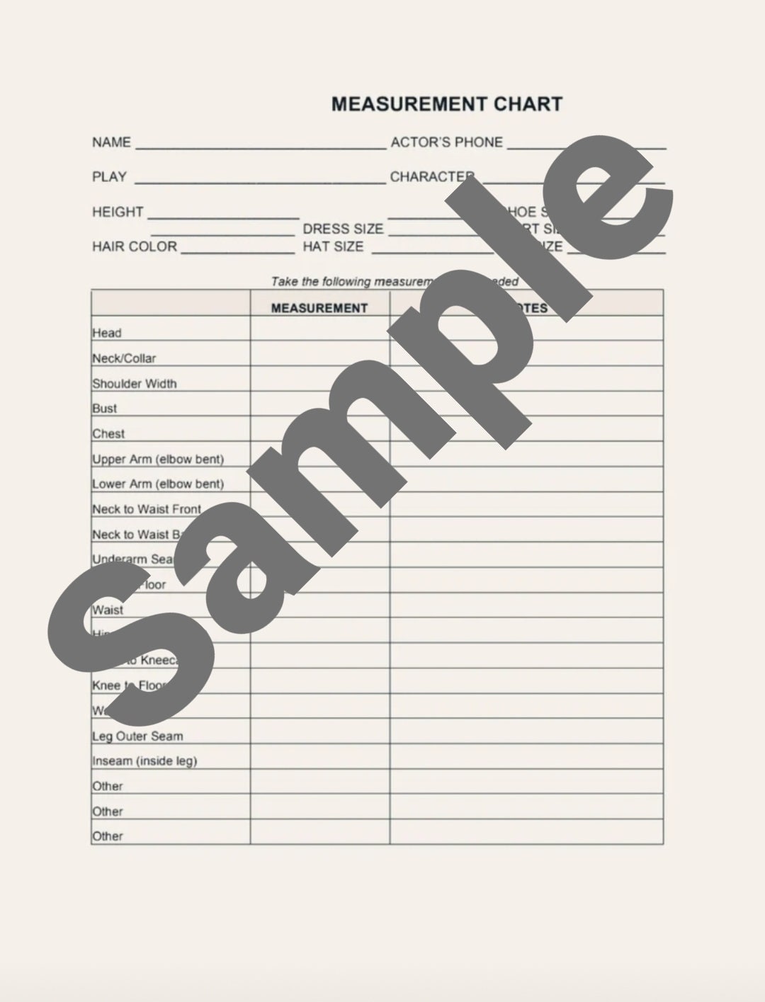 Costume Measurements File/worksheets - Etsy