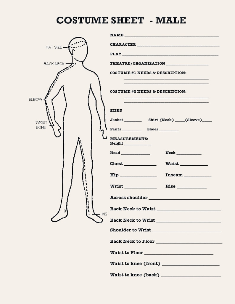 Costume Measurements File/worksheets - Etsy