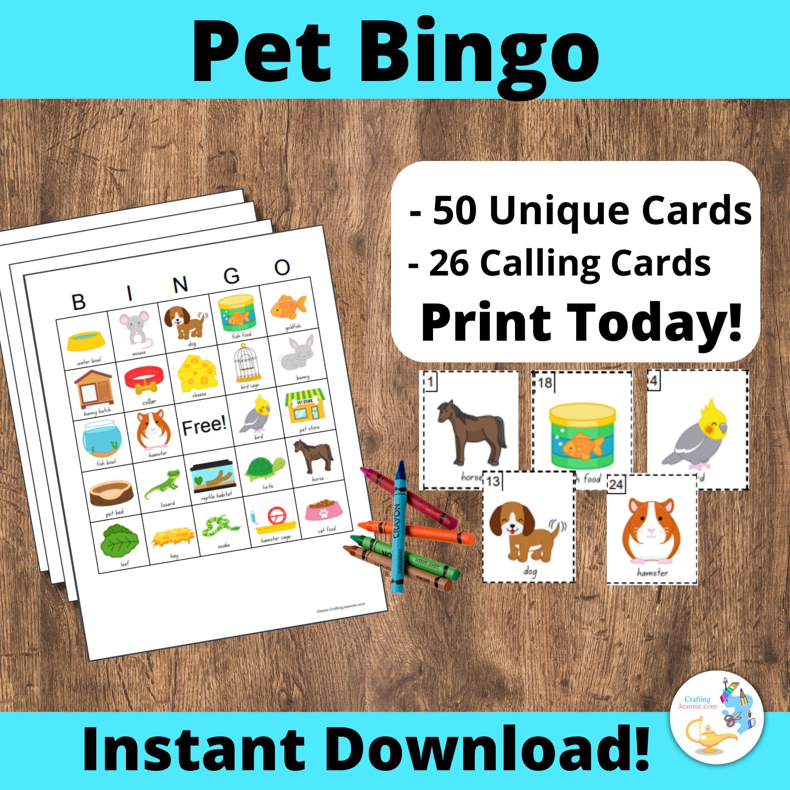 Pet Bingo Cards: Printable Bingo Cards, 50 Cards, Kids Game Activity ...