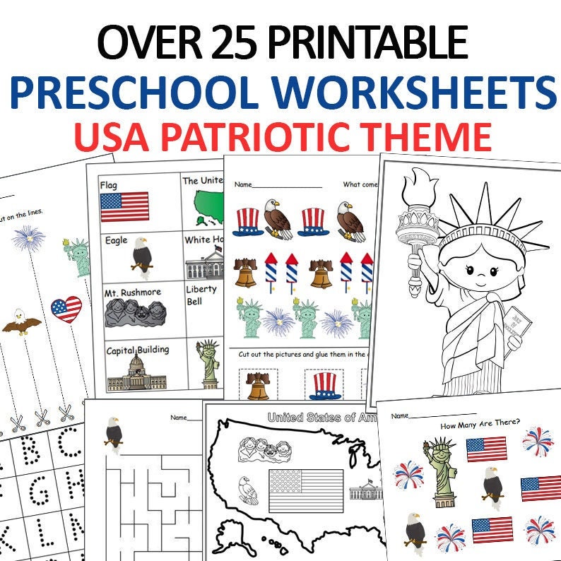 USA Preschool Worksheets Printable - Patriotic Worksheets - Fourth of ...