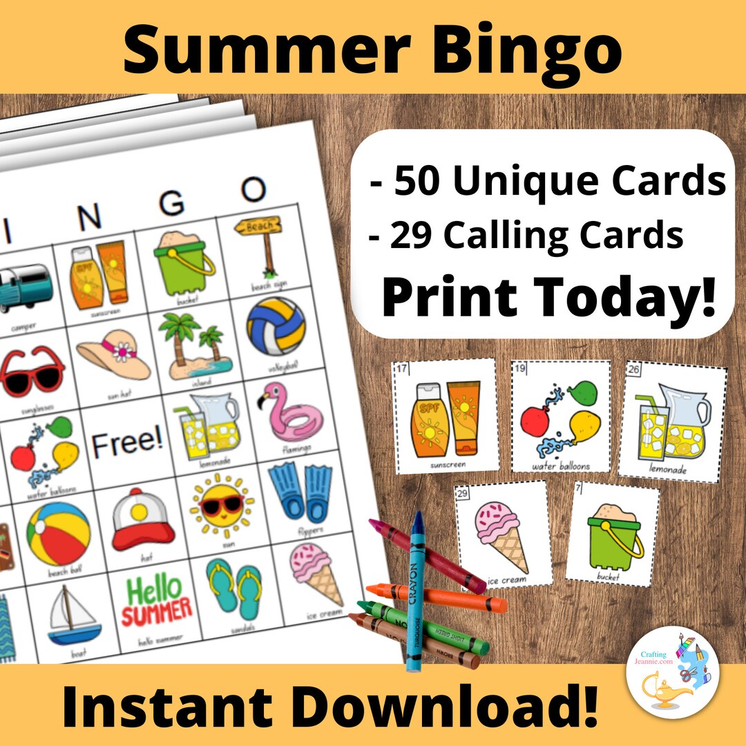 Summer Bingo Printable - 50 Unique Beach Bingo Cards DIY Printable Game ...