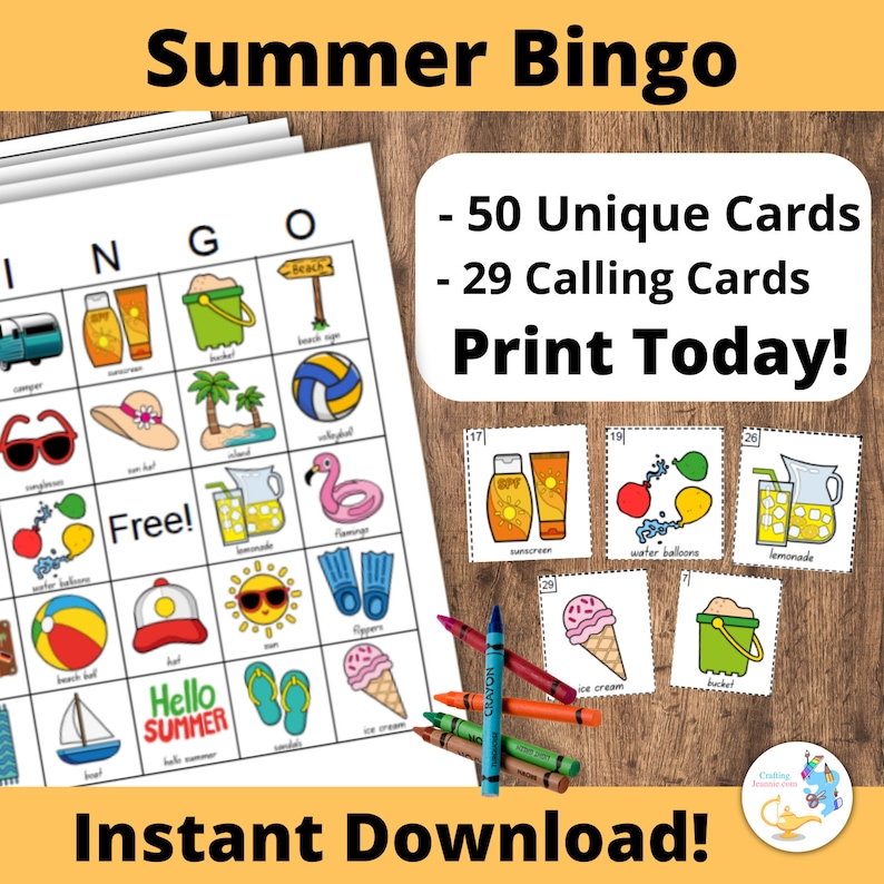 Summer Bingo Printable - 50 Unique Beach Bingo Cards DIY Printable Game ...