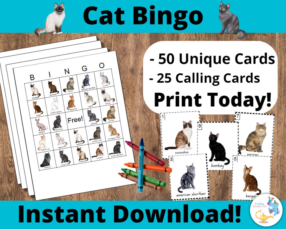 Cat Bingo Cards: Printable Bingo Cards, 50 Cards, Kids Game Activity ...