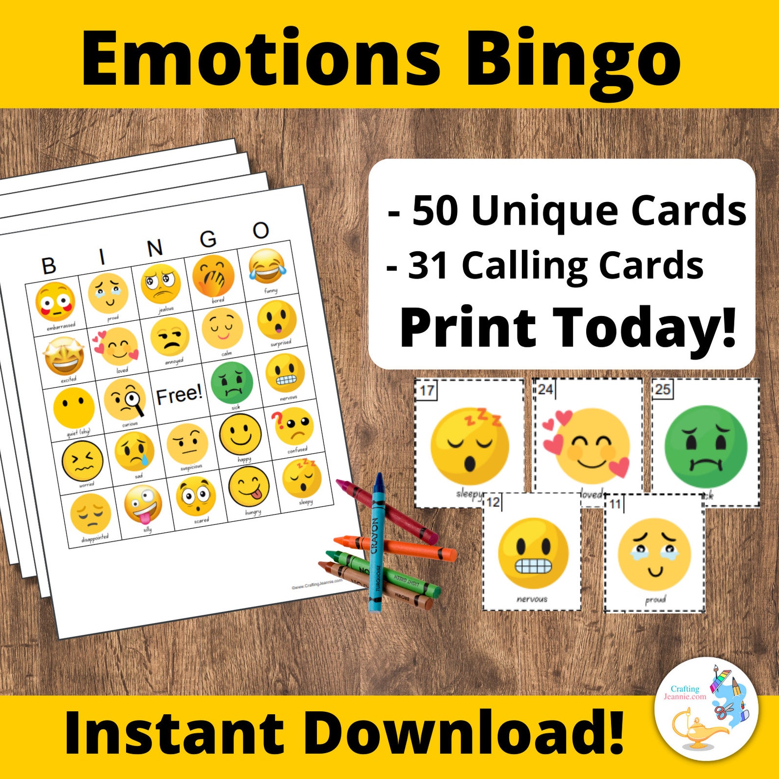 Emotion Bingo Cards: Printable Bingo Cards, 50 Cards, Kids Game ...