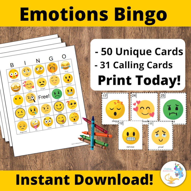 Emotion Bingo Cards: Printable Bingo Cards, 50 Cards, Kids Game ...
