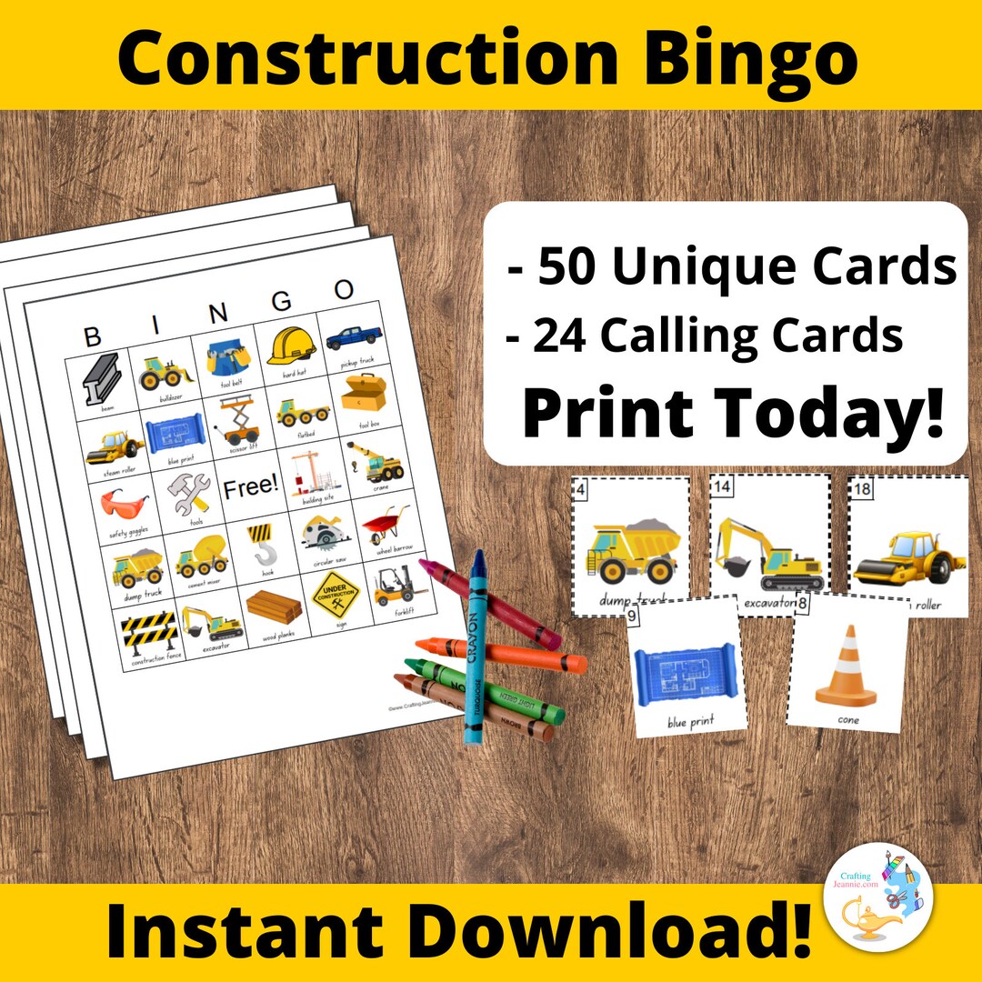 Construction Bingo Printable - 50 Unique Truck Bingo Cards DIY ...