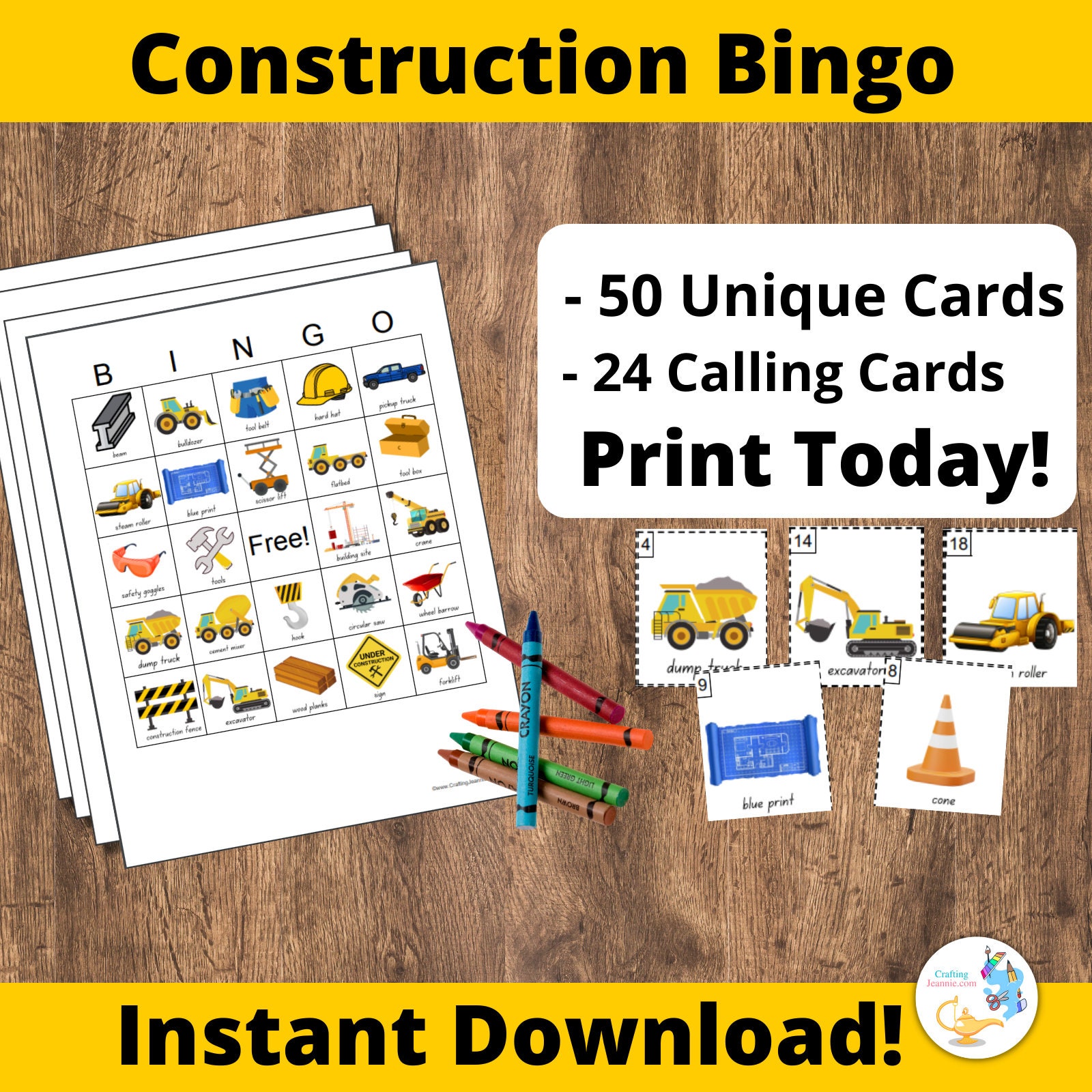 Construction Bingo Printable - 50 Unique Truck Bingo Cards DIY ...