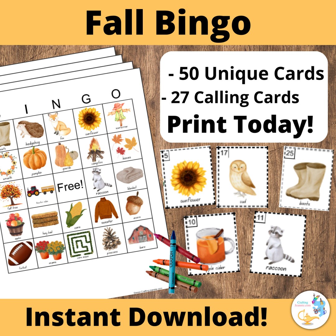 Fall Bingo Cards, 50 Unique Bingo Cards, Kids' Fall Activity, Fall ...