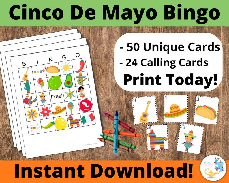 Cinco De Mayo Bingo Cards: Printable Bingo Cards, 50 Cards, Kids Game ...