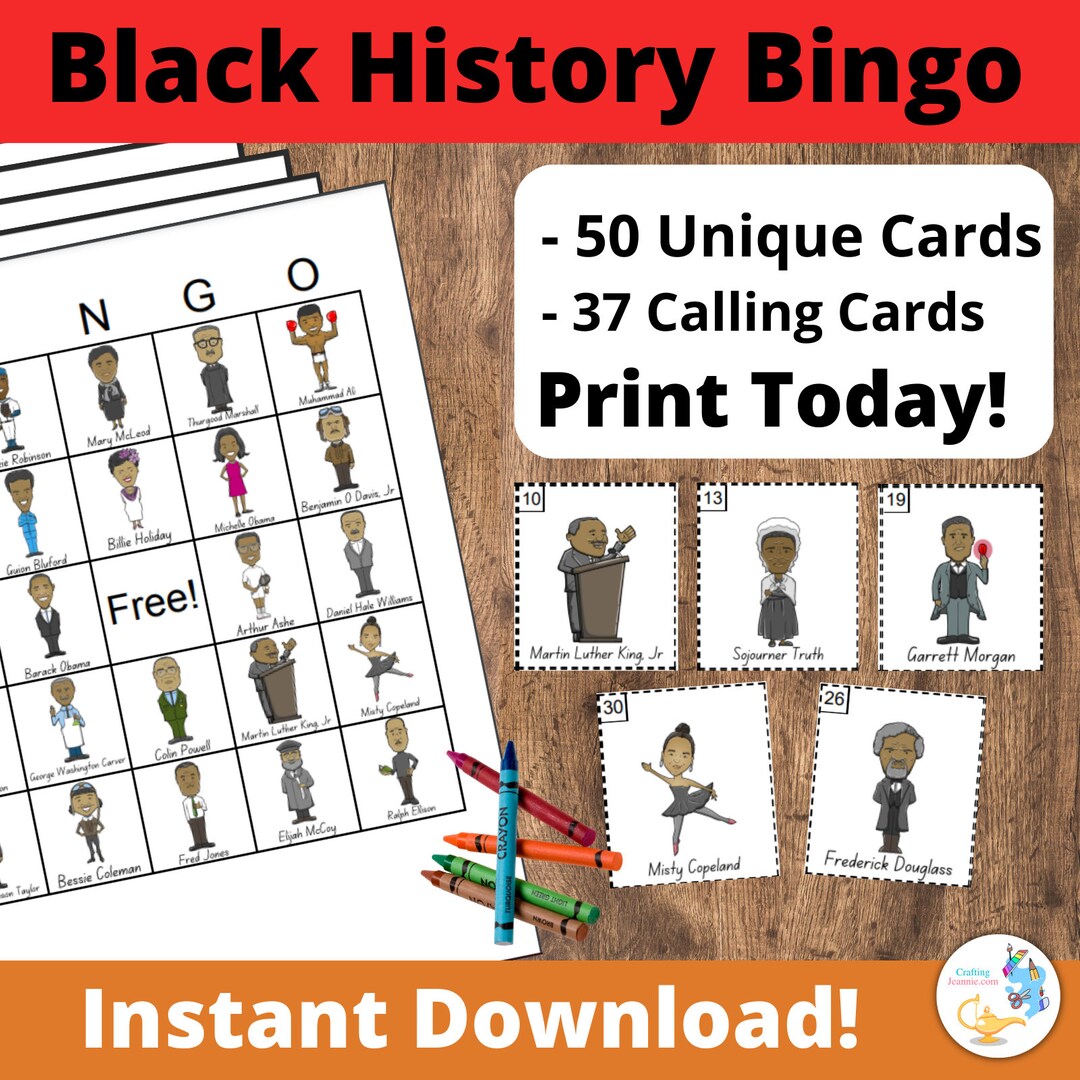 Black History Bingo Cards: 50 Cards, Black History Month Activity ...