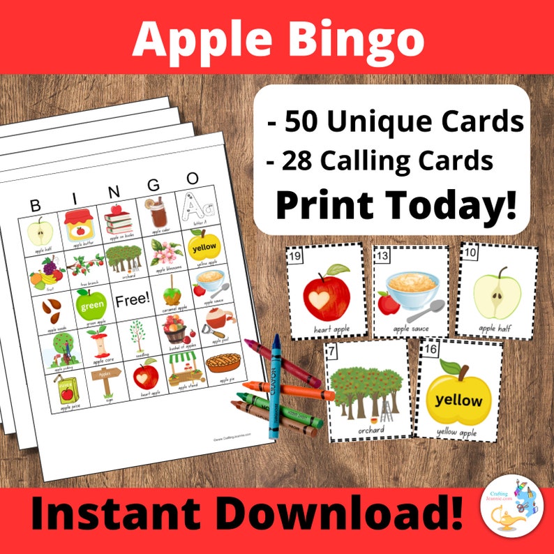 Apple Bingo Cards: Printable Bingo Cards, 50 Cards, Kids Game Activity ...