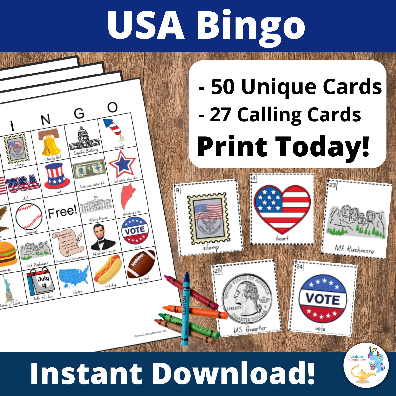 USA BINGO, Fourth of July Bingo, Printable Bingo, Patriotic Bingo ...