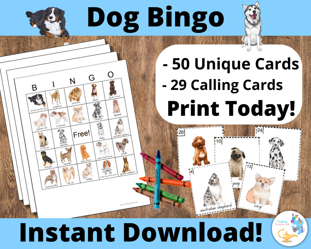 Dog Bingo Cards: Printable Bingo Cards, 50 Cards, Kids Game Activity ...