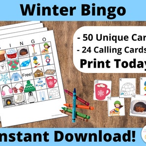 Winter Bingo Game, 50 Unique Bingo Cards, Kids' Winter Activity, Winter ...
