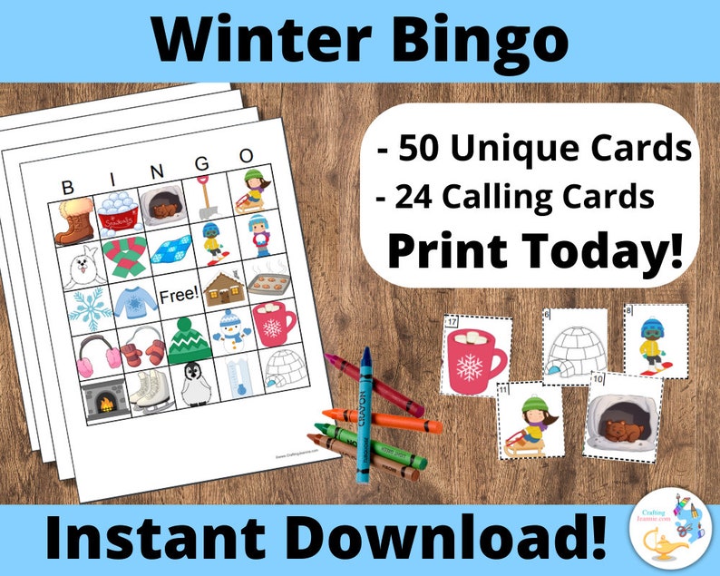 Winter Bingo Game, 50 Unique Bingo Cards, Kids' Winter Activity, Winter ...