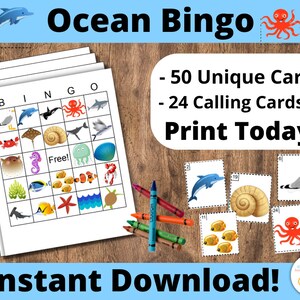 Ocean Bingo Printable 50 Unique Ocean Bingo Cards DIY Printable Game ...