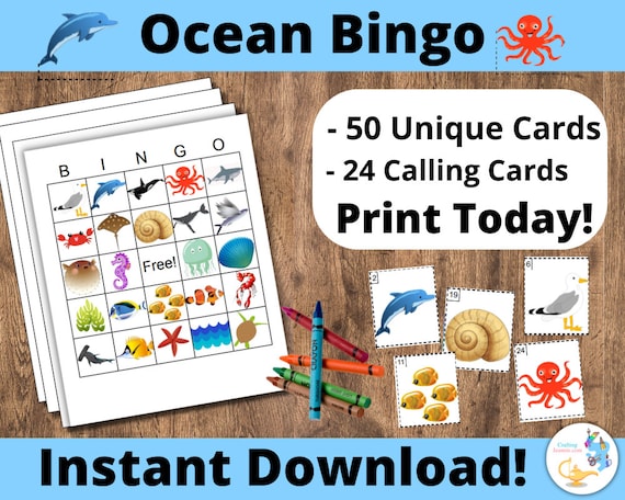 Ocean Bingo Printable 50 Unique Ocean Bingo Cards DIY - Etsy