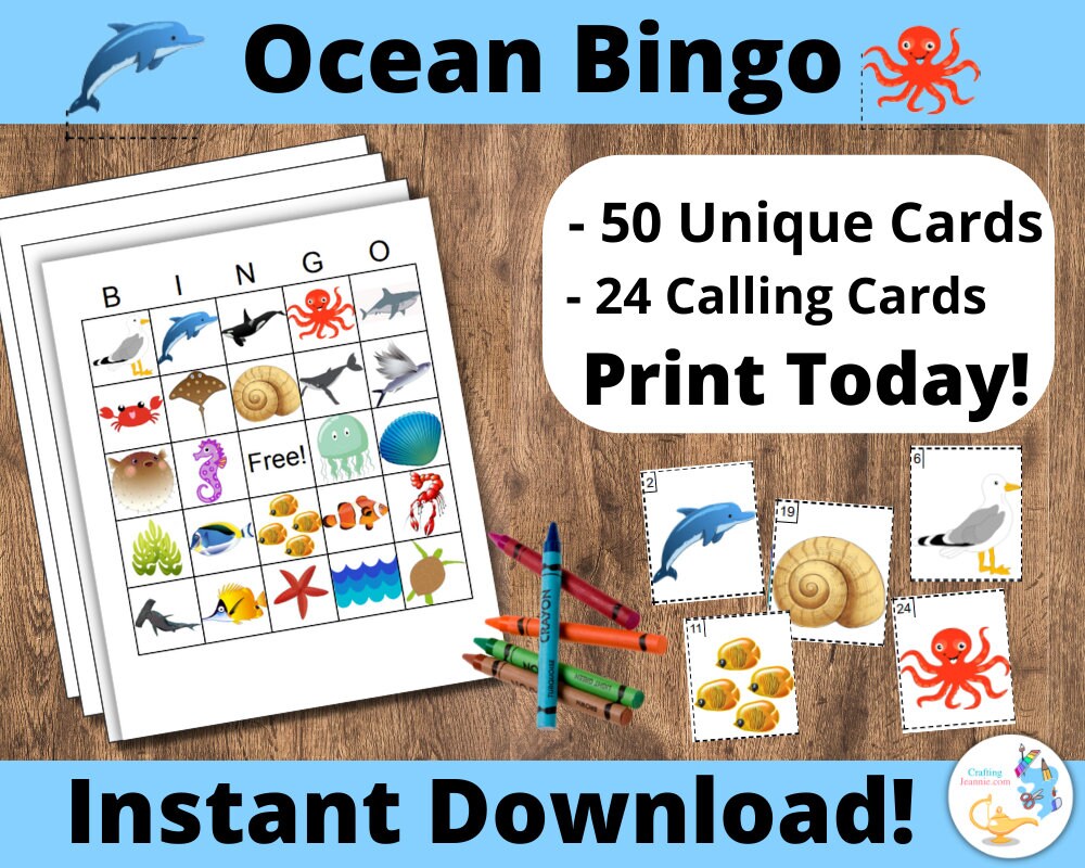 Ocean Bingo Printable 50 Unique Ocean Bingo Cards DIY Printable Game ...