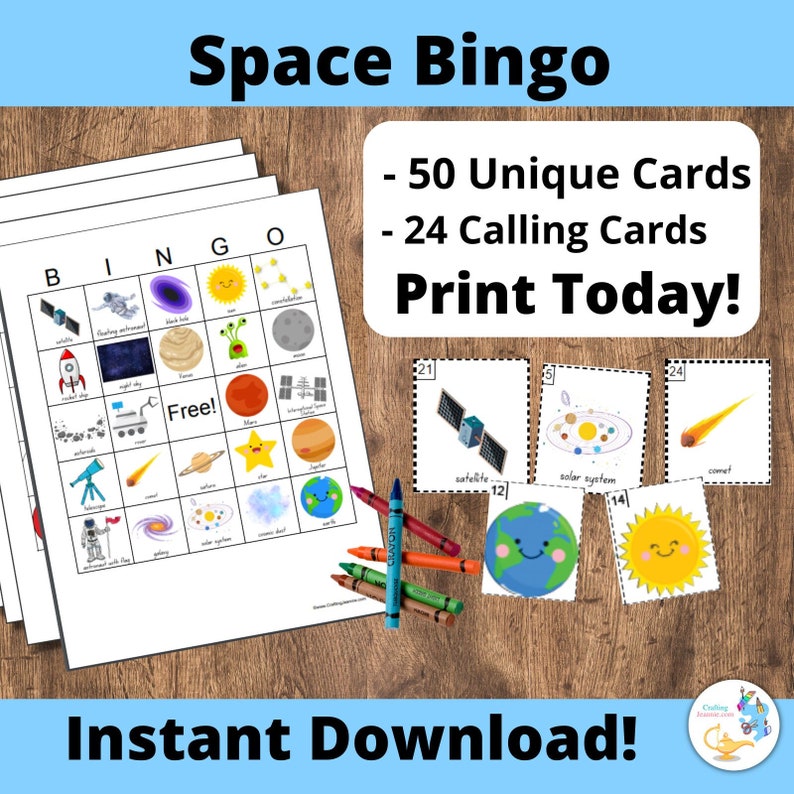 Space Bingo Printable - 50 Unique Outer Space Bingo Cards DIY Printable ...