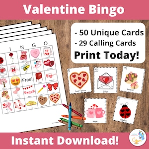 Valentine Bingo 50 Cards, Valentine's Day Bingo Cards -DIY Printable ...