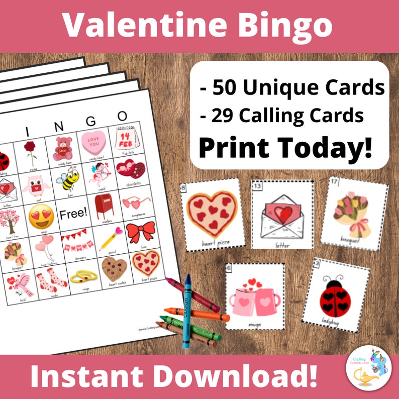 Valentine Bingo 50 Cards, Valentine's Day Bingo Cards -DIY Printable ...