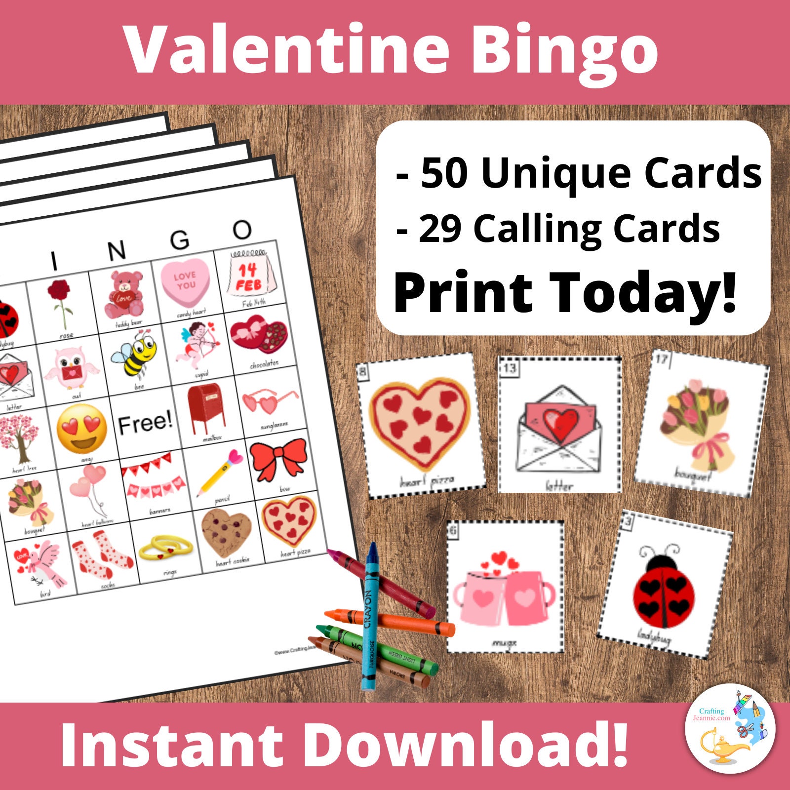 Valentine Bingo 50 Cards, Valentine's Day Bingo Cards -DIY Printable ...