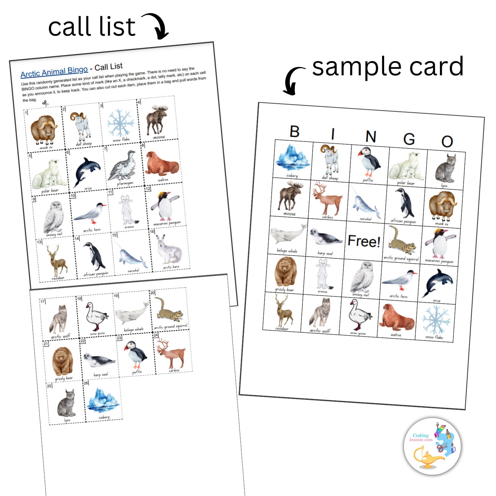 Arctic Animal Bingo Printable - 50 Unique Artic Animals Bingo Cards ...