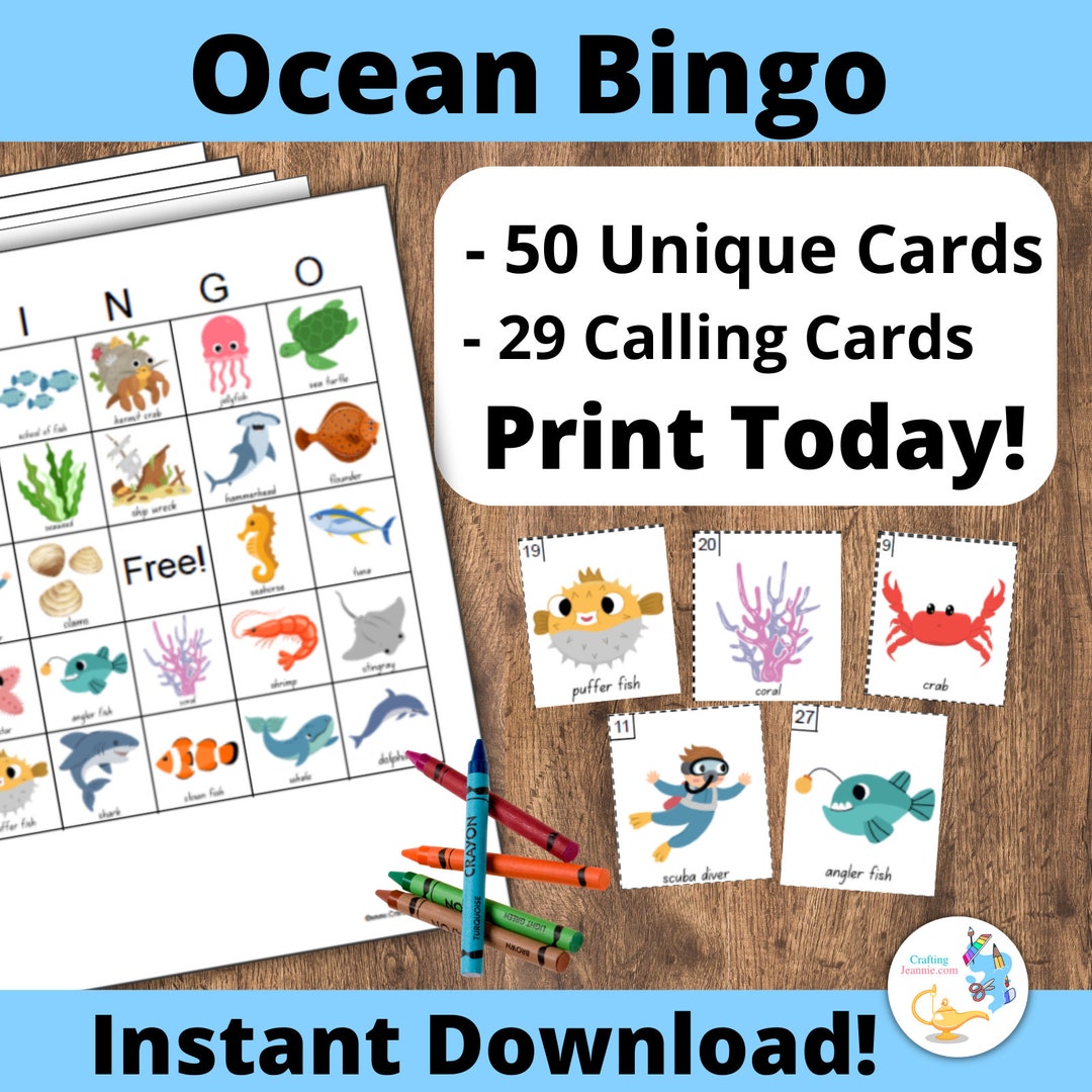 Ocean Bingo Printable - 50 Unique Ocean Bingo Cards DIY Printable Game ...