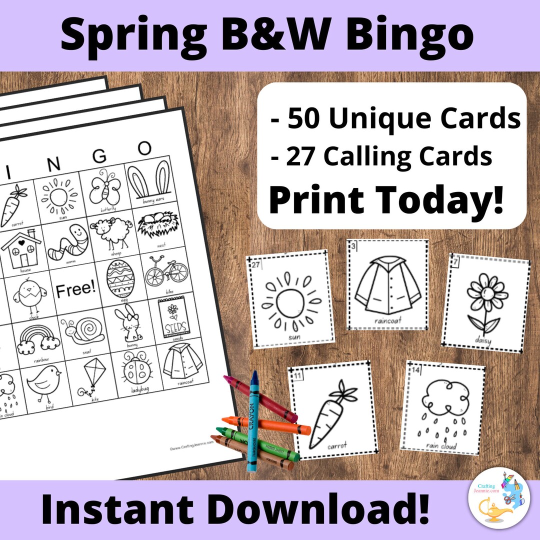 Black and White Spring Bingo Printable 50 Unique Bingo Cards Perfect ...