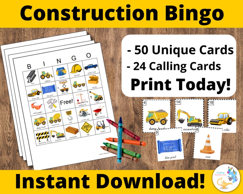 Construction Bingo Printable 50 Unique Truck Bingo Cards DIY - Etsy