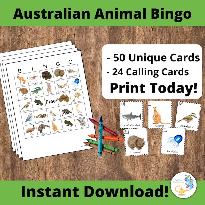 Australia Animal Bingo Printable - 50 Unique Australia Bingo Cards DIY ...