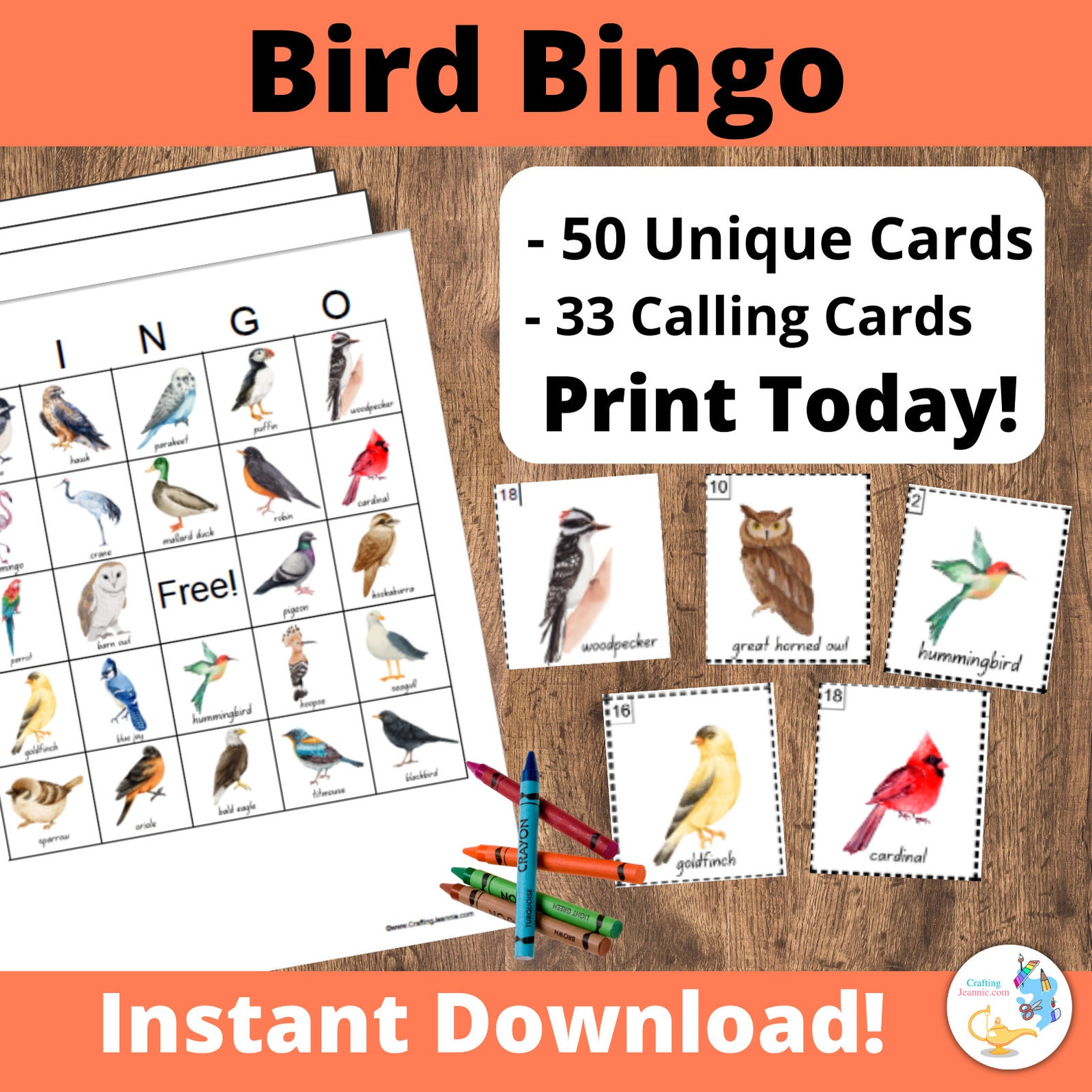 Bird Bingo Cards: Printable Bingo Cards, Colorful Bingo Set, 50 Cards ...
