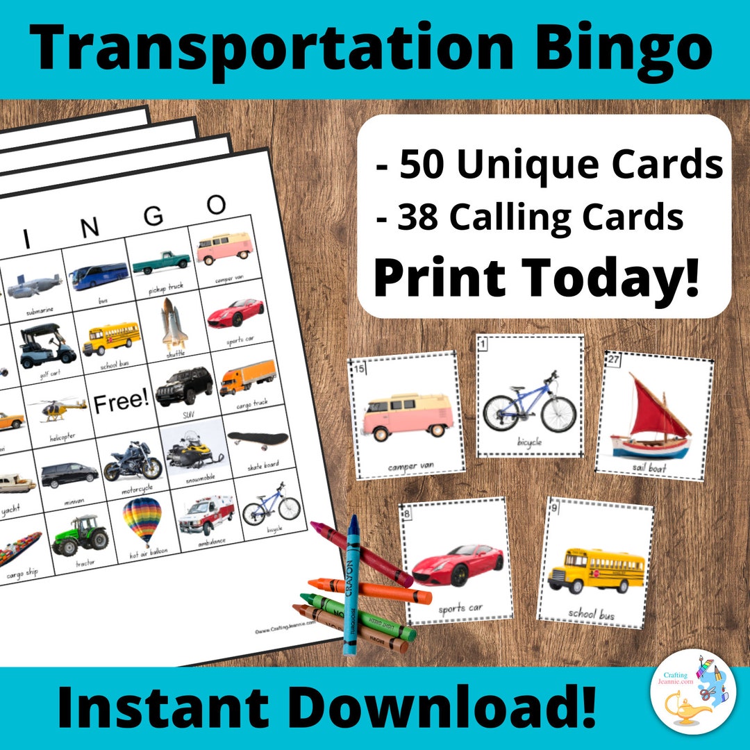 Transportation BINGO 50 Cards, Vehicle Bingo, Preschool Transportation ...