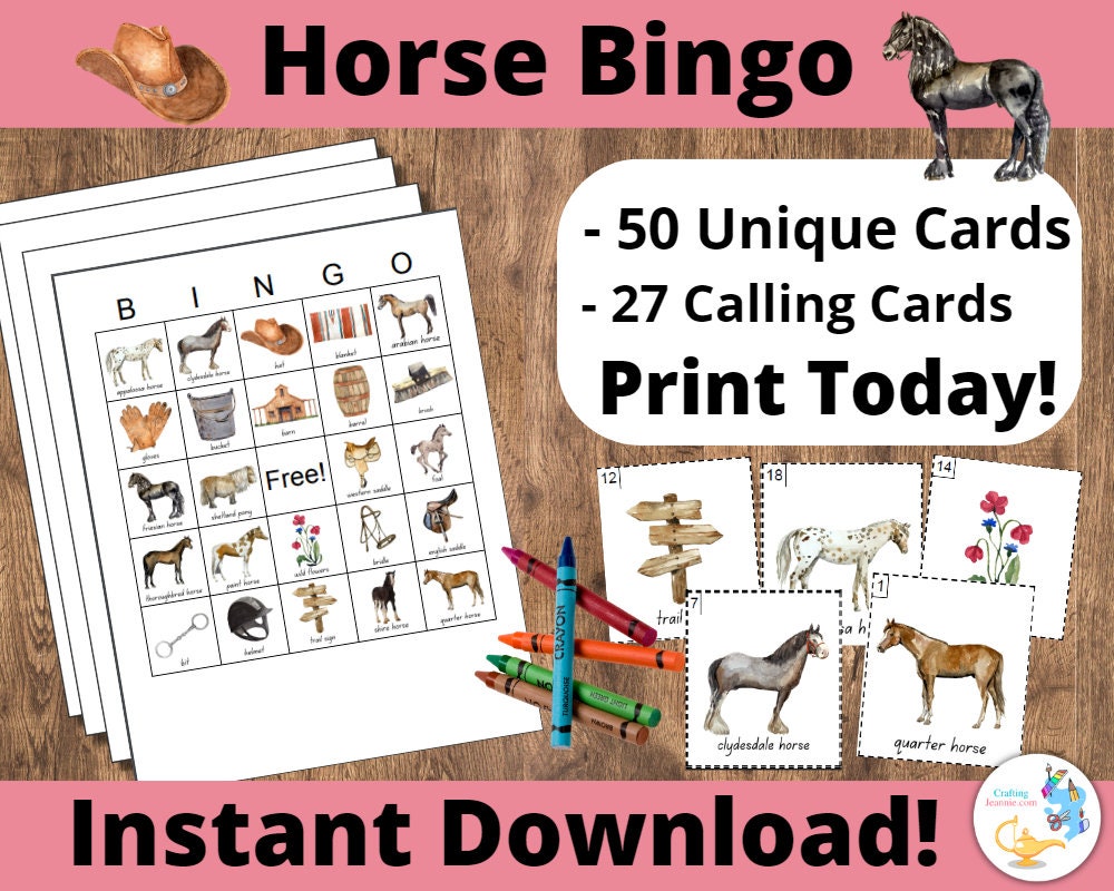Horse Bingo Cards: Printable Bingo Cards, Kids Game Activity, Horse ...