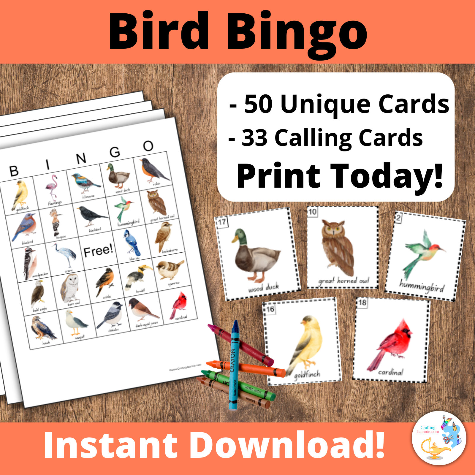 Bird Bingo Cards: Printable Bingo Cards, Colorful Bingo Set, 50 Cards ...