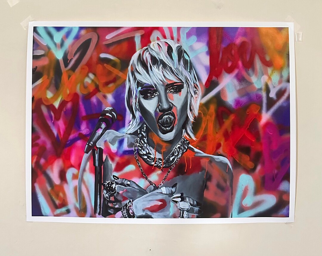 Miley Cyrus Pop Art Print, Spray Painted Background, Black and White ...