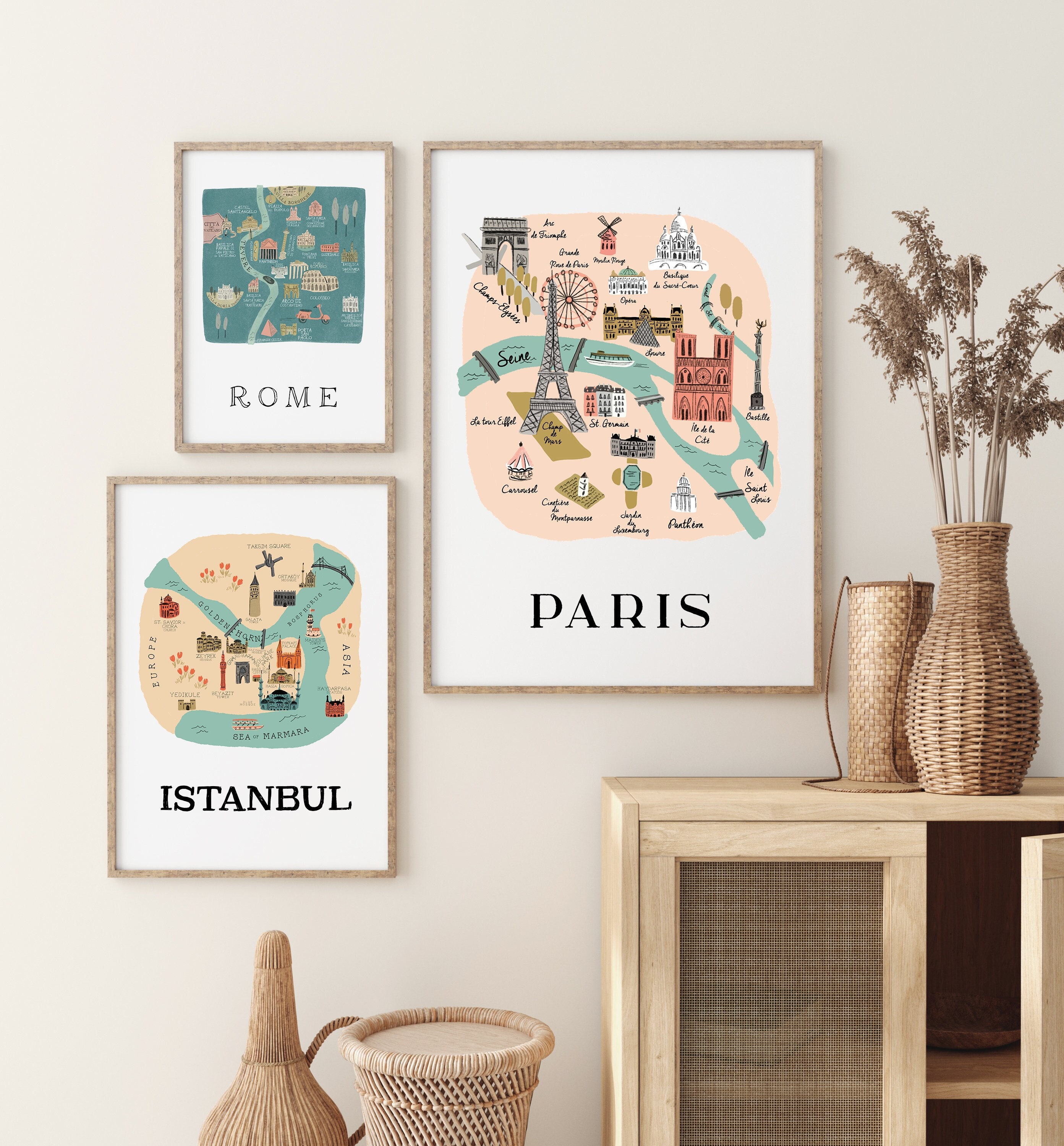 Set of 12 City Map Prints - Hand-drawn Wall Art Collection - Travel ...