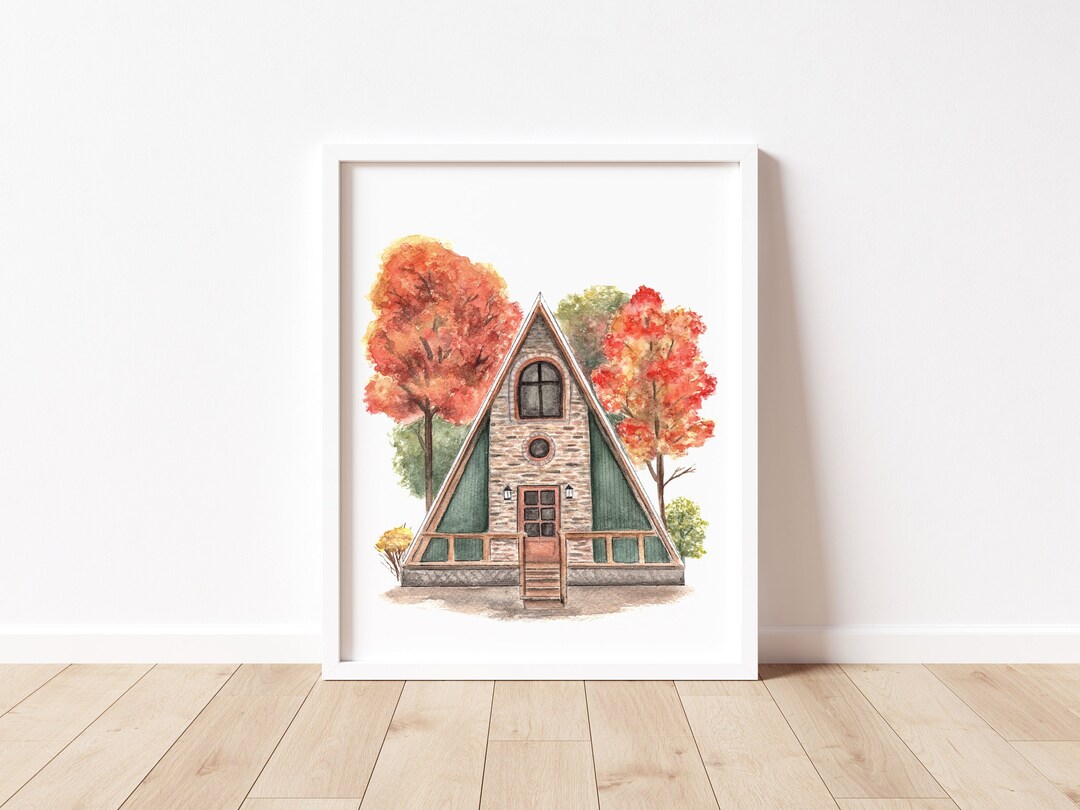 A Frame Cabin Art Print, Cabin Wall Art, Watercolor Cabin, Fall ...
