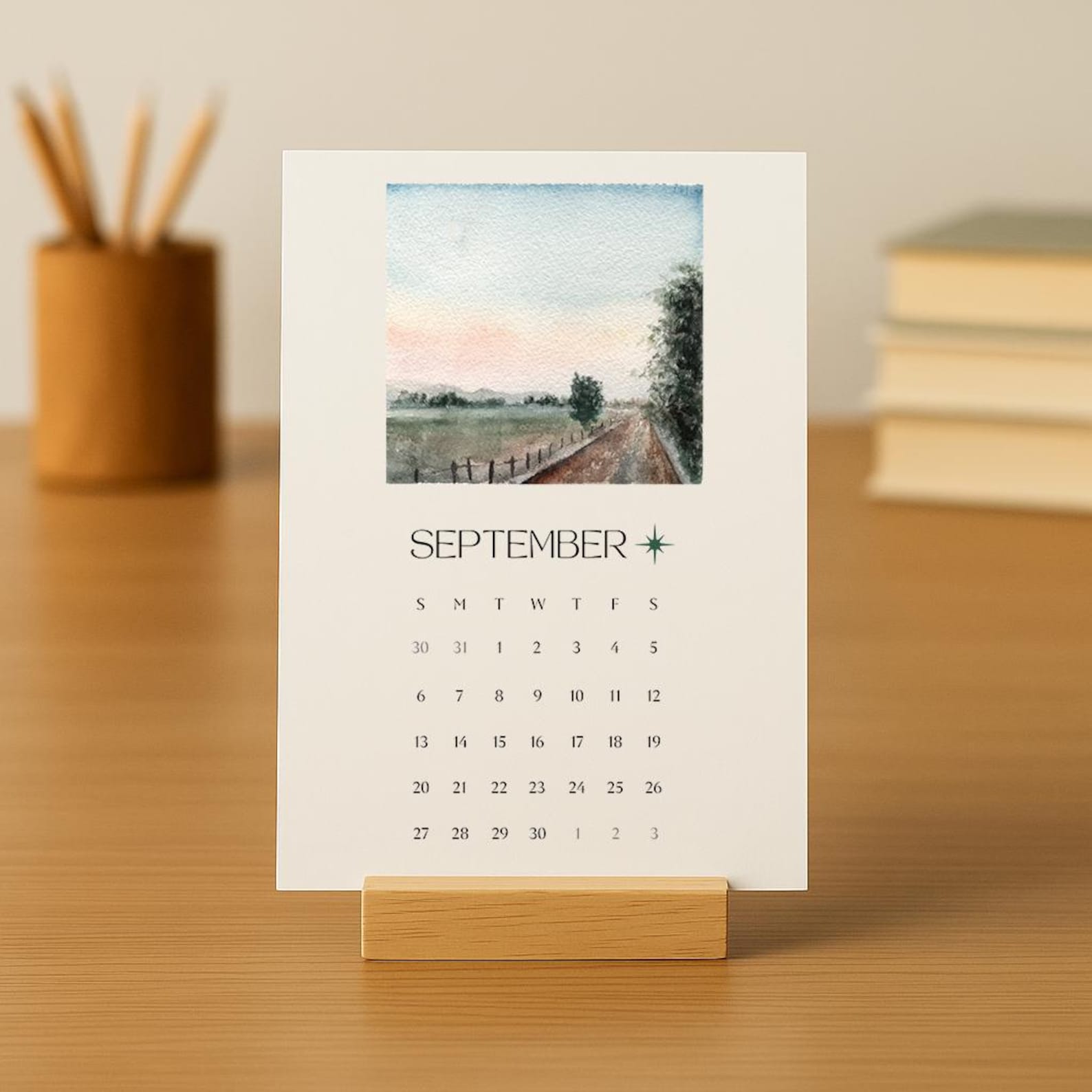 2026 - Monthly Desk Calendar With Wood Stand, Watercolor Office Decor ...