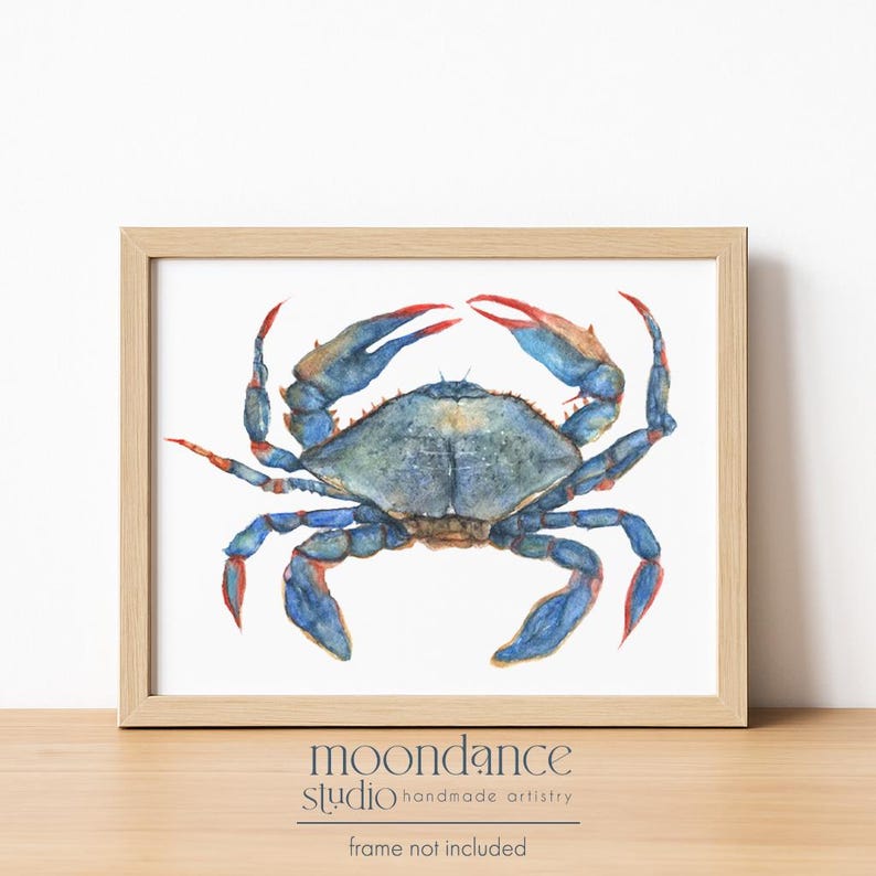 Blue Crab Wall Art – Coastal Kitchen Print – Nautical Watercolor Crab ...