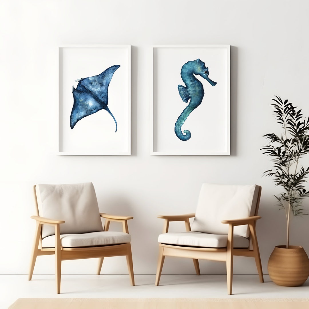 Seahorse Manta Ray Art Print, Ocean Art, Beach House Decor, Minimalist ...