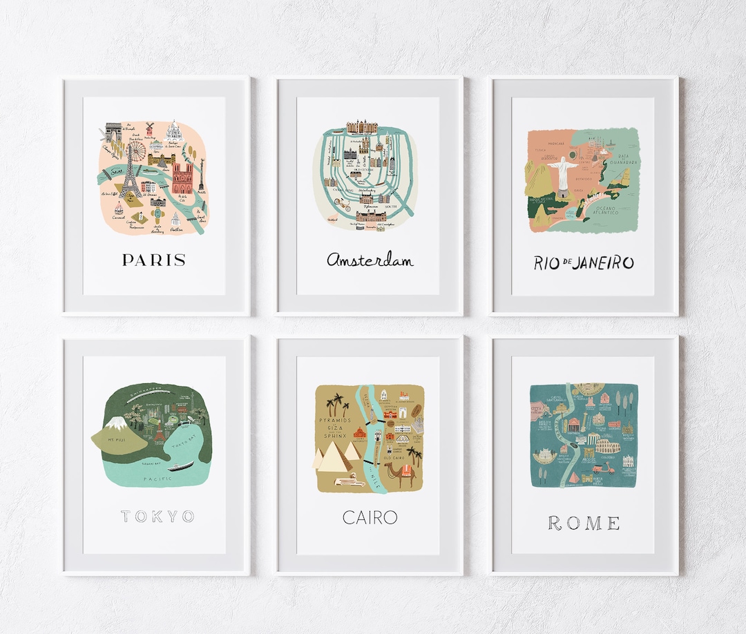 Set of 12 City Map Prints - Hand-drawn Wall Art Collection - Travel ...